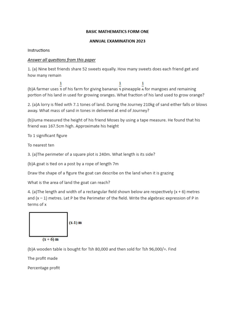 BASIC MATHEMATICS FORM ONE ANNUAL 2023 | PDF