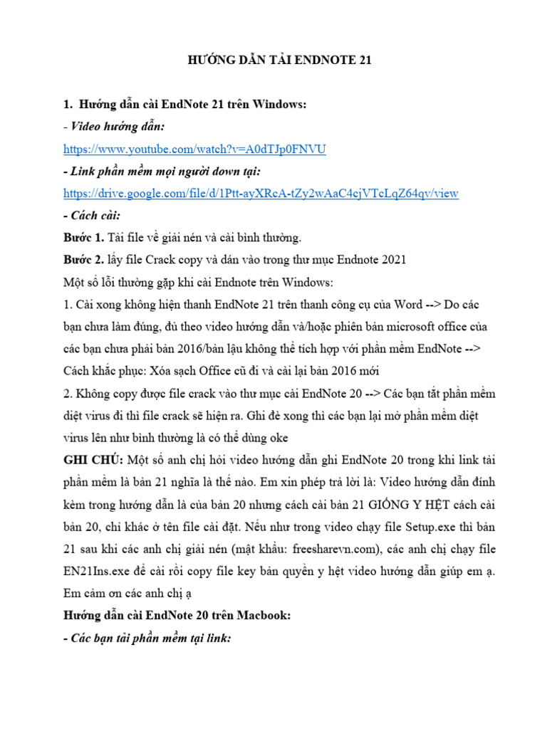 Huong Dan Tai Va Cai Dat Endnote 21 Khoa Training NCKHKLTN | PDF