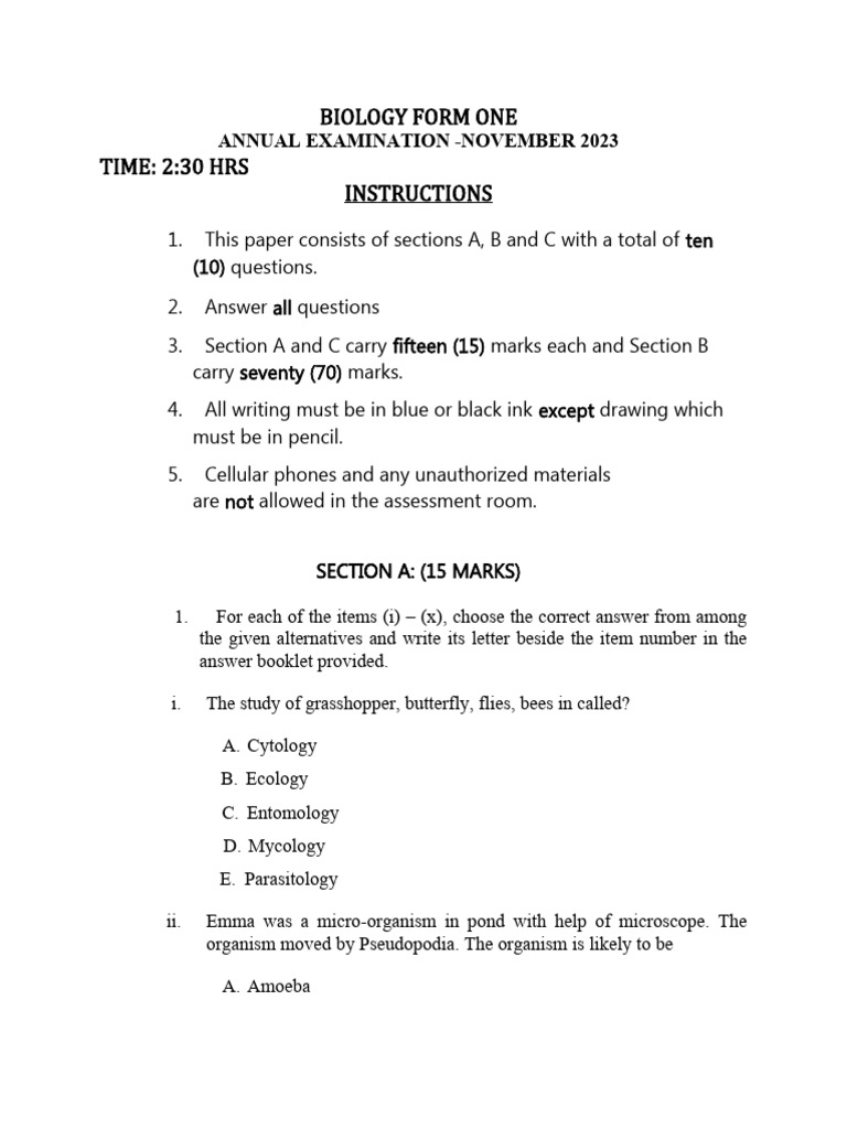 Biology Form One | PDF | Cell (Biology) | Infection