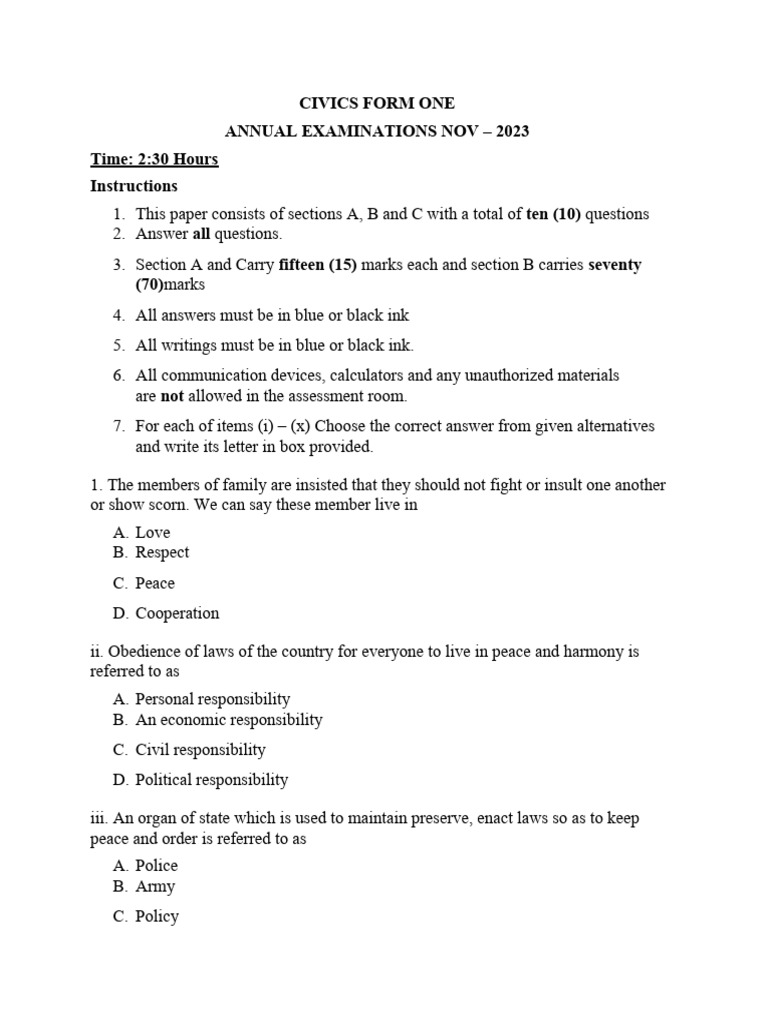 Civics Form One Annual Exam 2023 | PDF