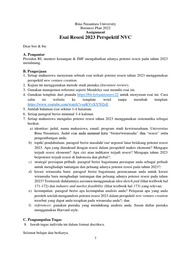 Assignment Esai Resesi 2023 | PDF | Bisnis