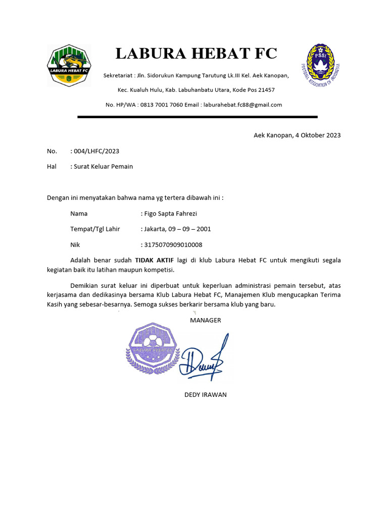 Contoh Surat Keluar Pemain Bola | PDF