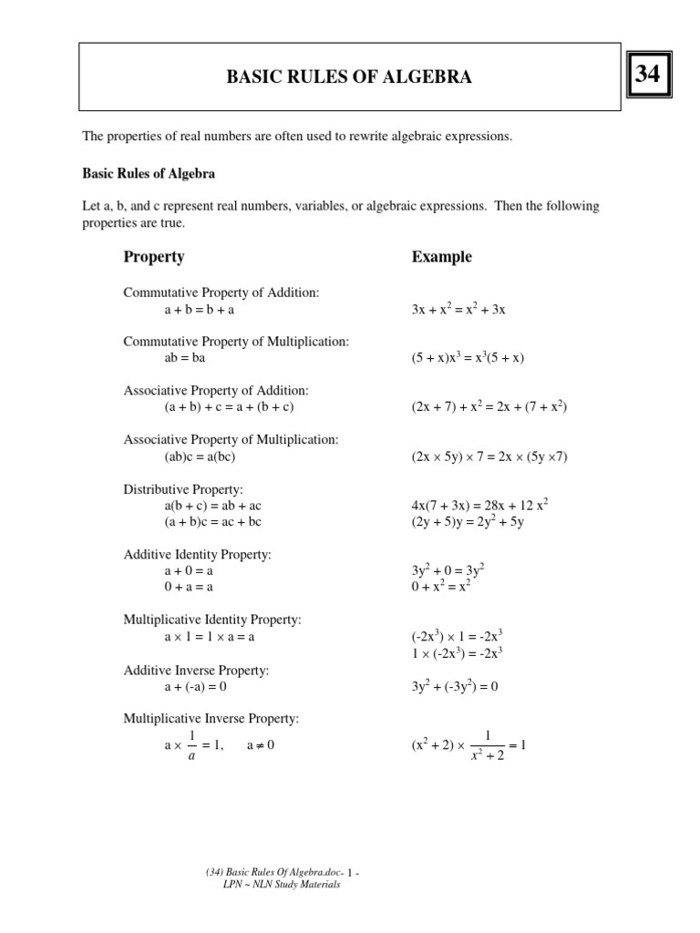 34 Basic Rules of Algebra | PDF | Multiplication | Algebra