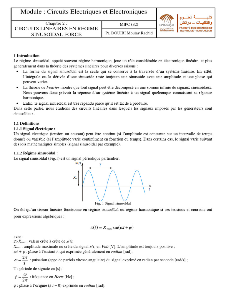 Chapitre 2 - CIRCUITS - LINEAIRES - EN - REGIME - SINUSOIDAL - FORCE | PDF