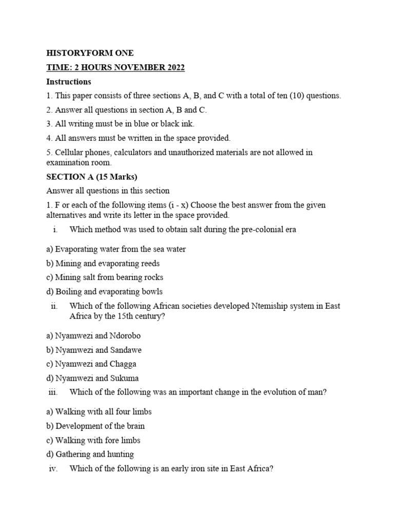 Form One History Exam Questions 2022 | PDF | Stone Age