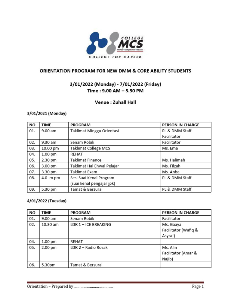 Orientation Program For New Students DMM 2021 | PDF