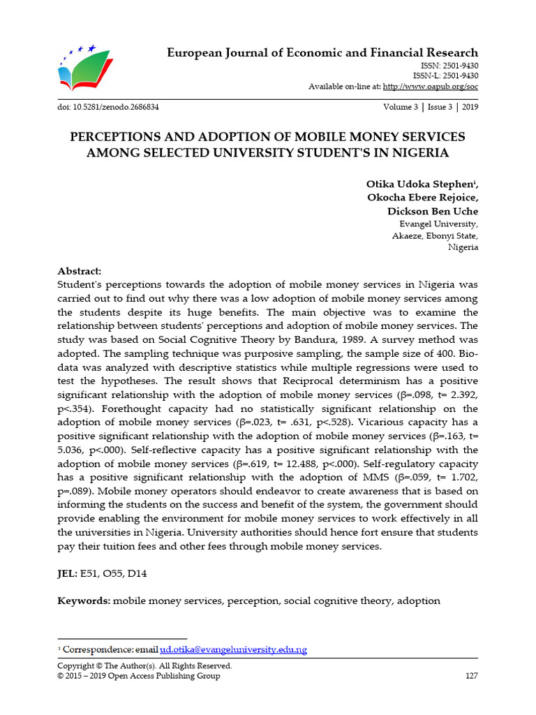 Perceptions and Adoption of Mobile Money Services - Otika Udoka Stephen ...