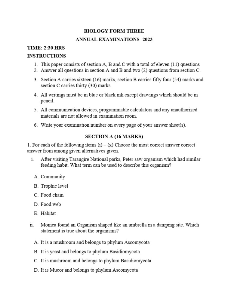 Biology Form Three Annual 2023 | PDF | Skeletal Muscle | Flowers