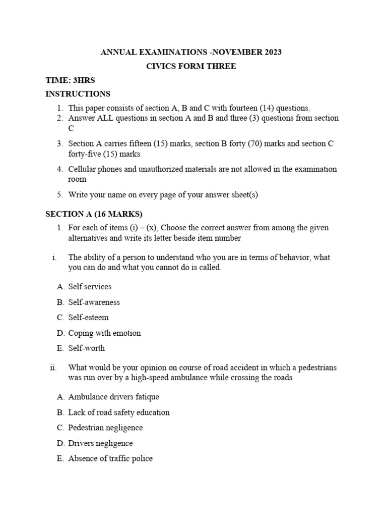 Civics Form Three Annual Examinations | PDF | Politics