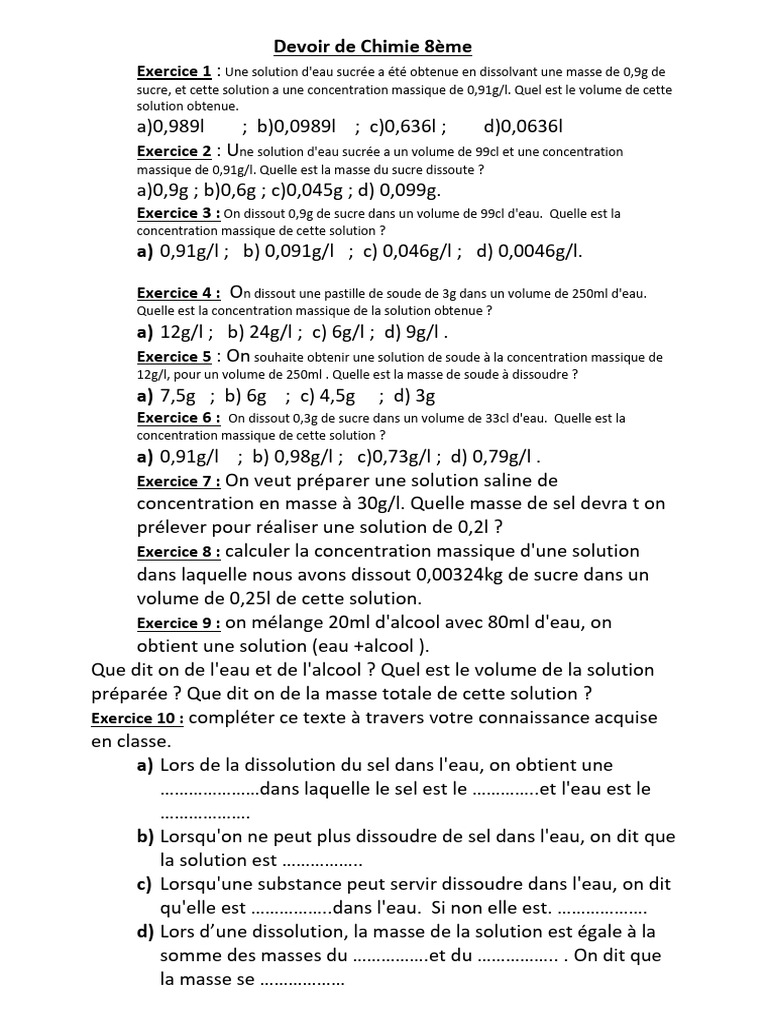 Devoir de Chimie 8ème | PDF Devoir de Chimie 8ème | PDF