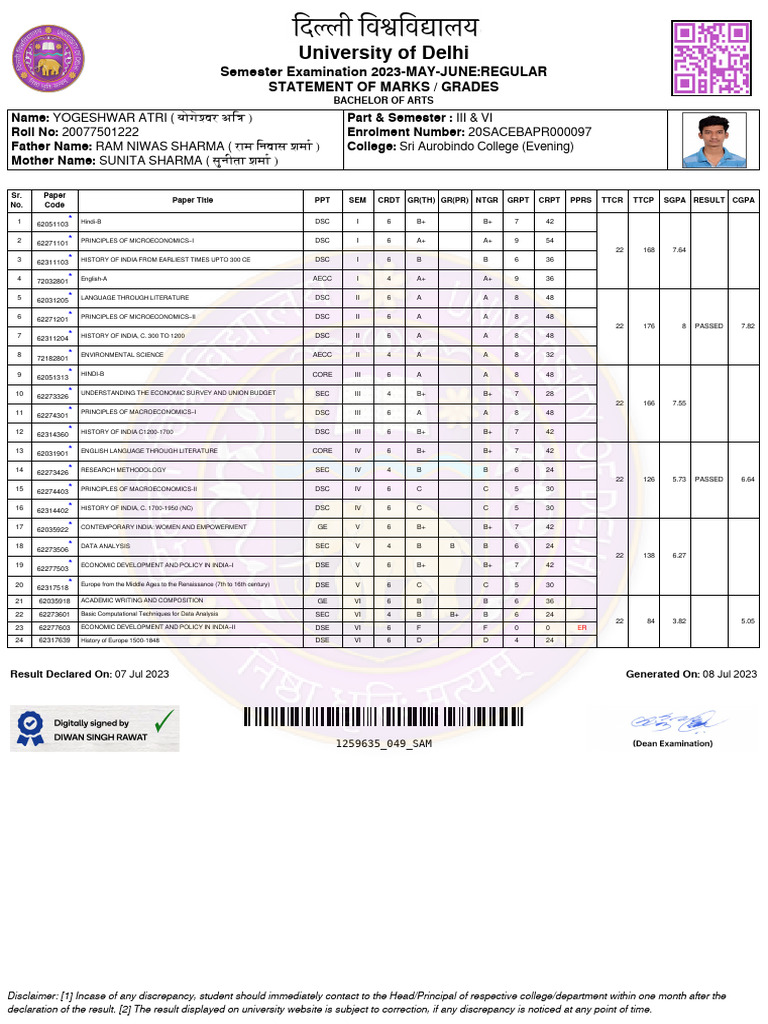 University of Delhi: Semester Examination 2023-MAY-JUNE:REGULAR Statement of Marks / Grades ...