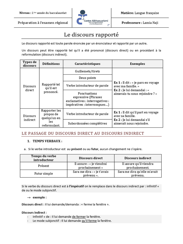 Le Discours Rapporté | PDF | Verbe | Morphologie linguistique