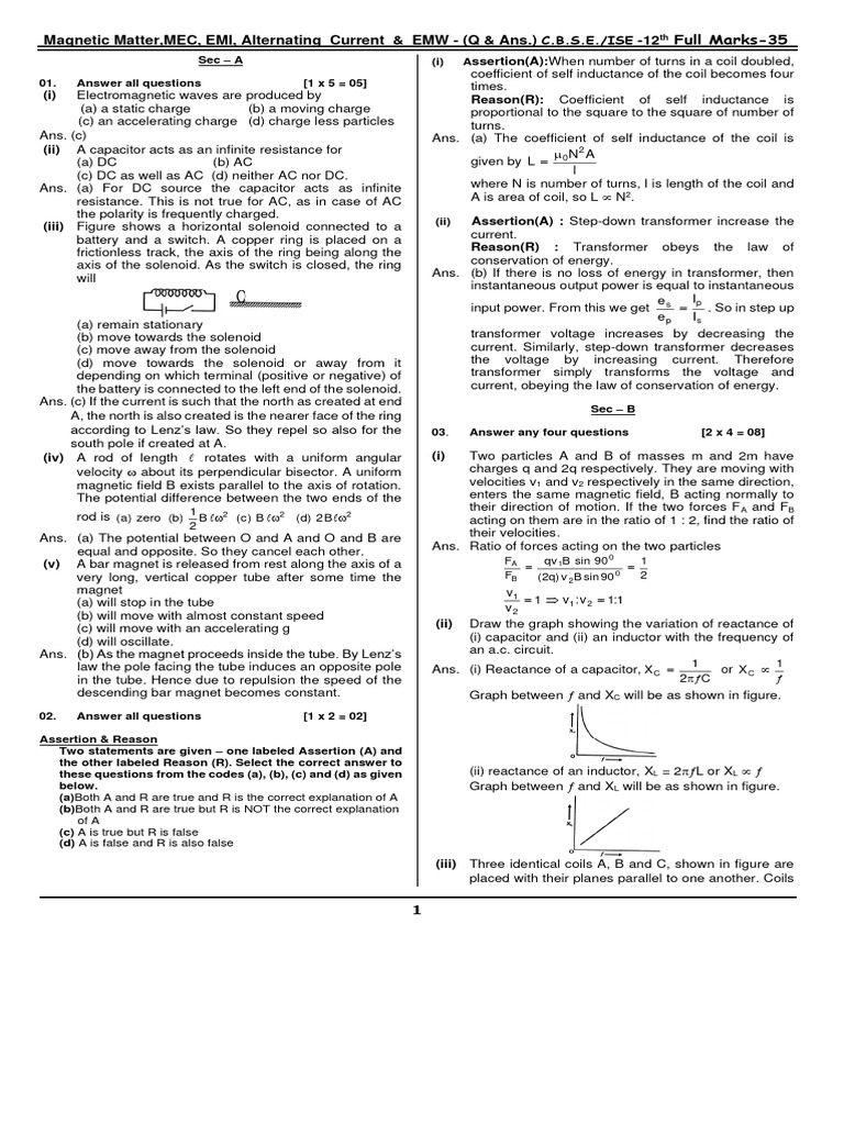 Magnetic Matter, MEC, EMI, Alternating Current & EMW Q & Ans.) | PDF | Inductor | Alternating ...