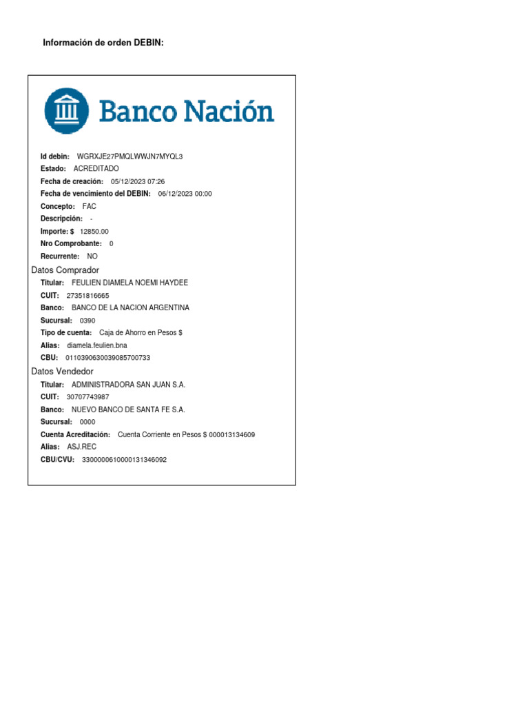 Comprobante Detalle Debin | PDF