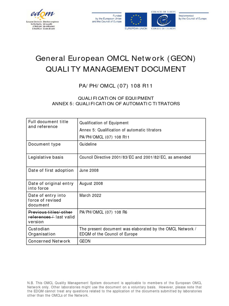 OMCL Equipment Qualification Guidelines | PDF | Titration | Chemistry