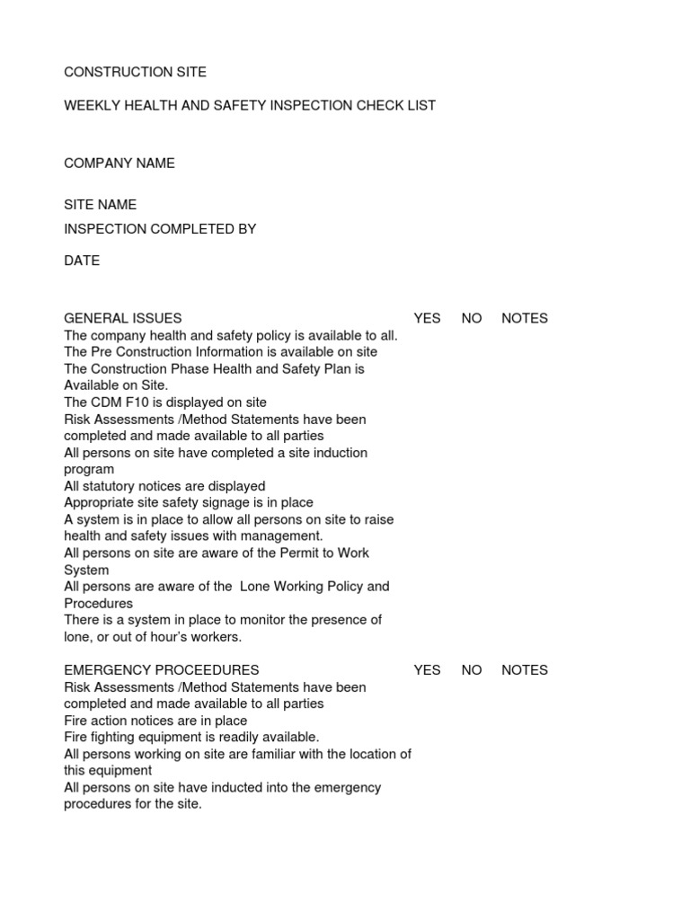 Weekly Construction Safety Checklist | PDF | Scaffolding | Occupational ...