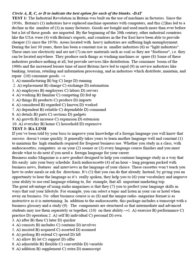 Guided Cloze Tests With KEY (16 Tests) - Tran Dang Ninh Junior High ...