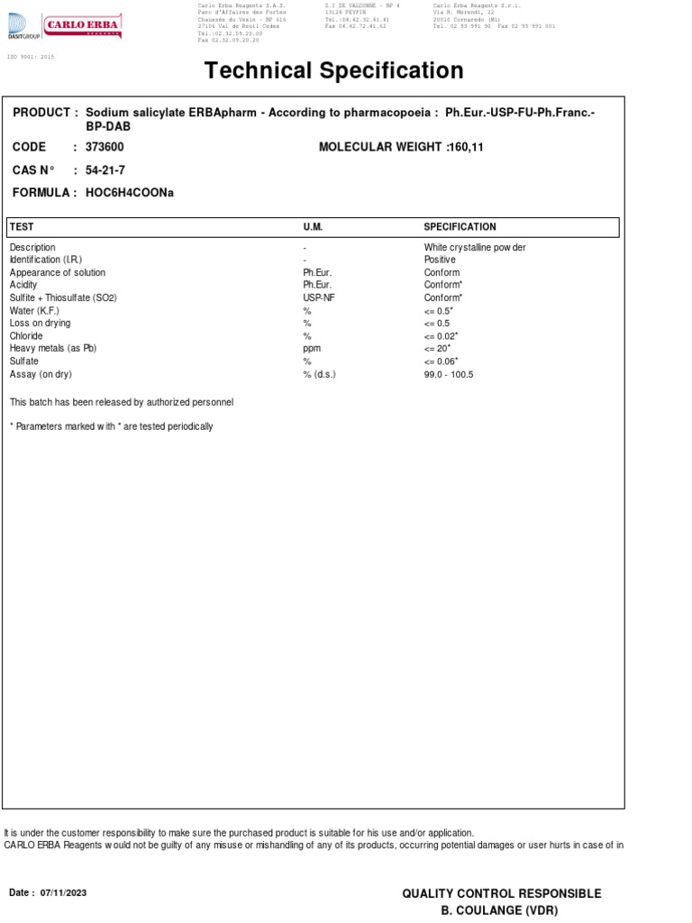 Sodium Salicylate Specs | PDF | Physical Sciences | Chemical Substances