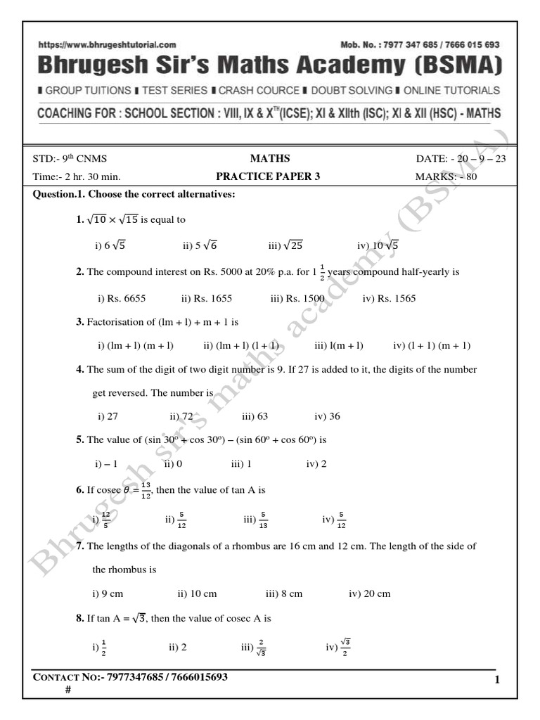 9TH CNMS Practice Paper - 3 20-9-23 | PDF | Area | Rectangle