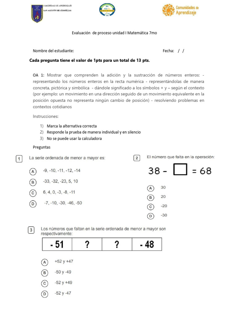 Evaluación Matemática 7mo: Números Enteros | PDF | Métodos y materiales ...