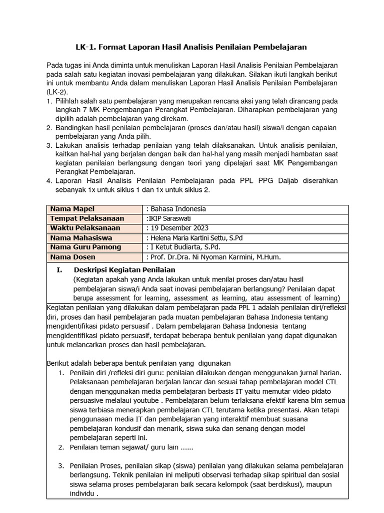 LK-1 Format Laporan Hasil Analisis Penilaian Pembelajaran-1 | PDF