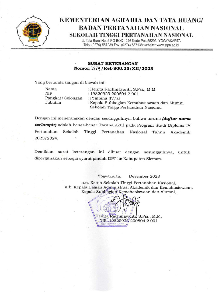 Surat Keterangan Kuliah Kolektif DIV Tk.1 - G - Compressed | PDF