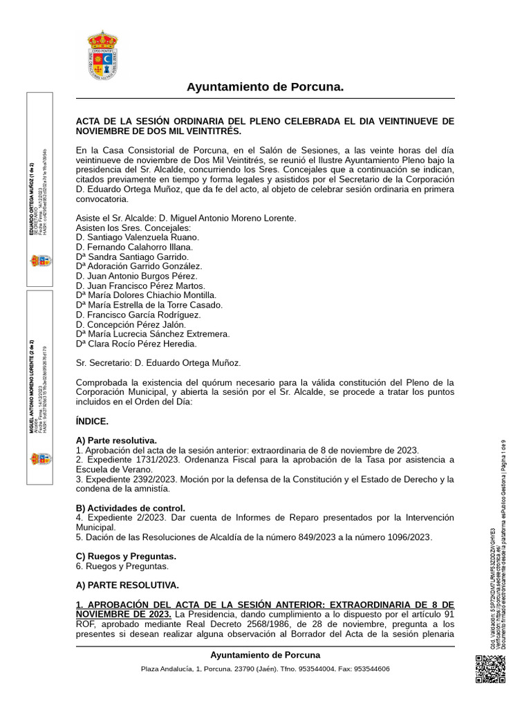 Acta - Acta Pleno - Acta Pleno Ordinario 29 11 2023 | PDF | España | Gobierno local