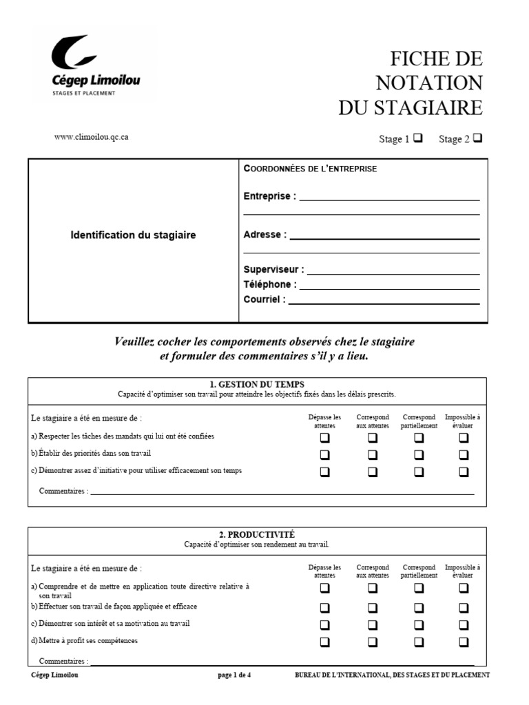 Fiche de Notation du Stagiaire | PDF