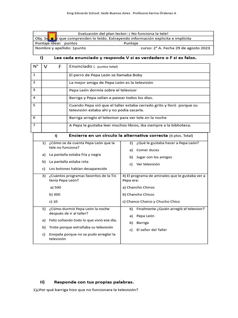 Adaptada Evaluación Del Plan Lector NO FUNCIONA LA TELE | PDF