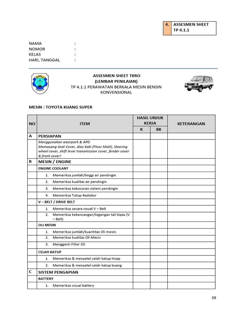 MA - PERAWATAN BERKALA KENDARAAN RINGAN - Assesmen Sheet 1-1 | PDF