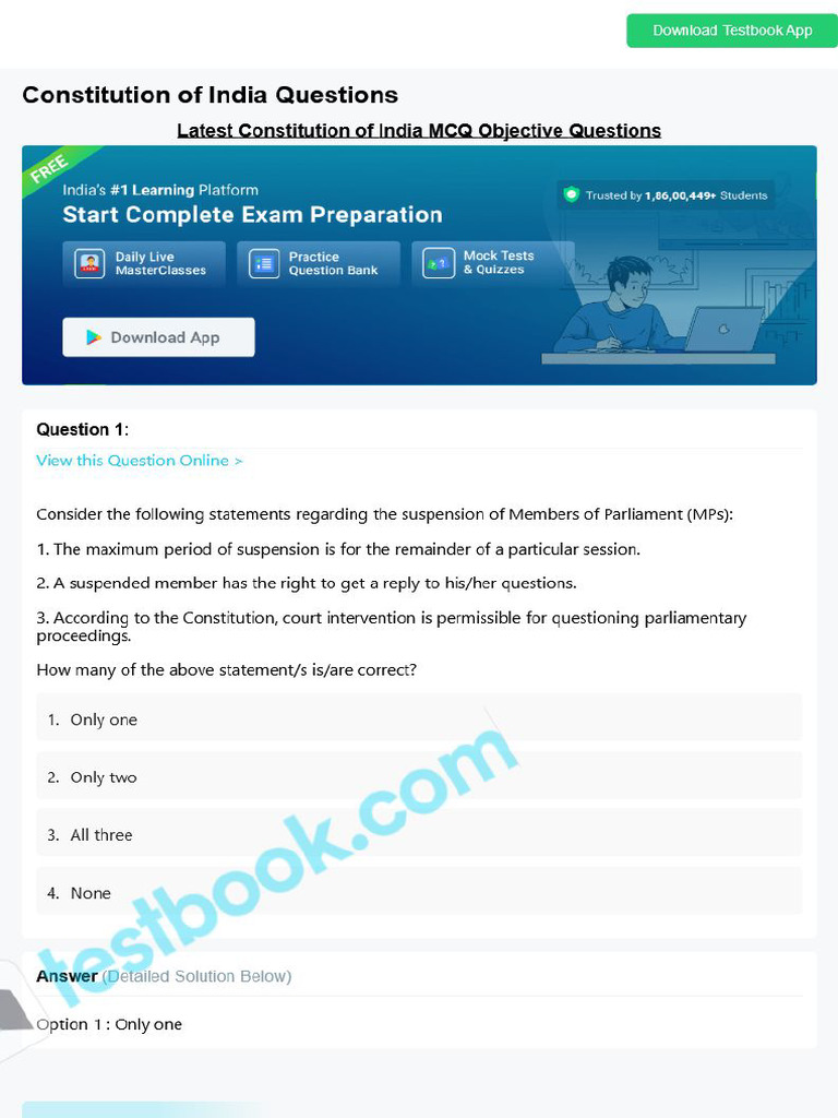 MCQ On Constitution of India 5eea6a1139140f30f369ebe3 | PDF