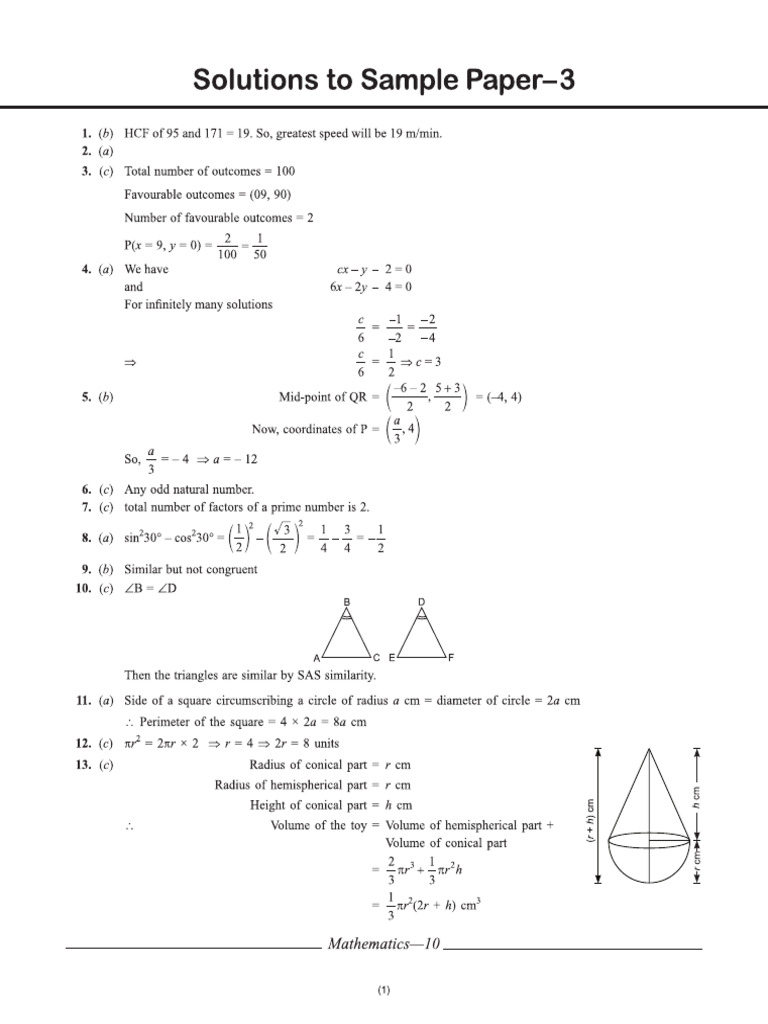 Cbse Cl10 Ead Mathematics Standard Solutions To Sample Paper 3 | PDF