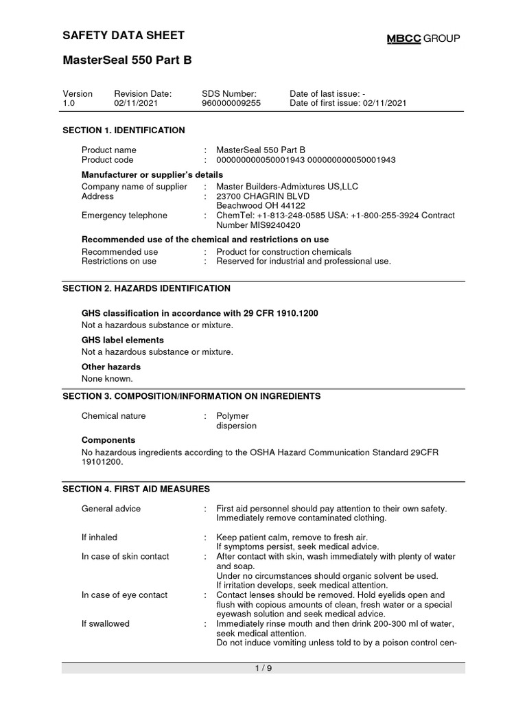 MasterSeal 550 Part B Safety Data Sheet | PDF | Dangerous Goods ...