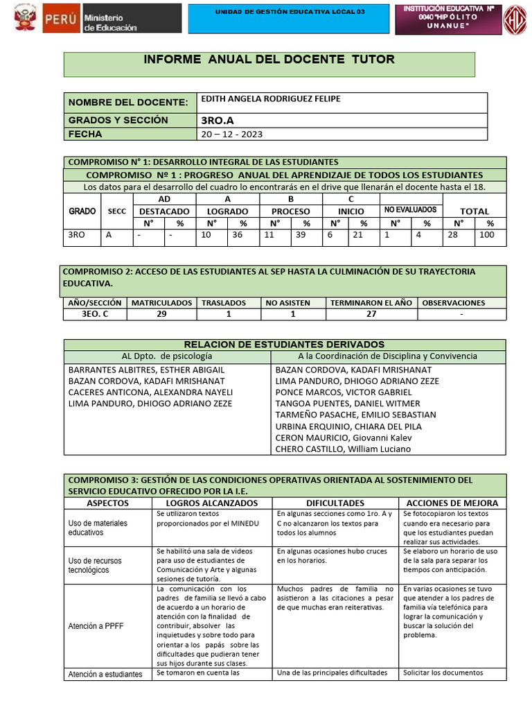 Informe Anual Del Docente Tutor | PDF | Aprendizaje | Evaluación
