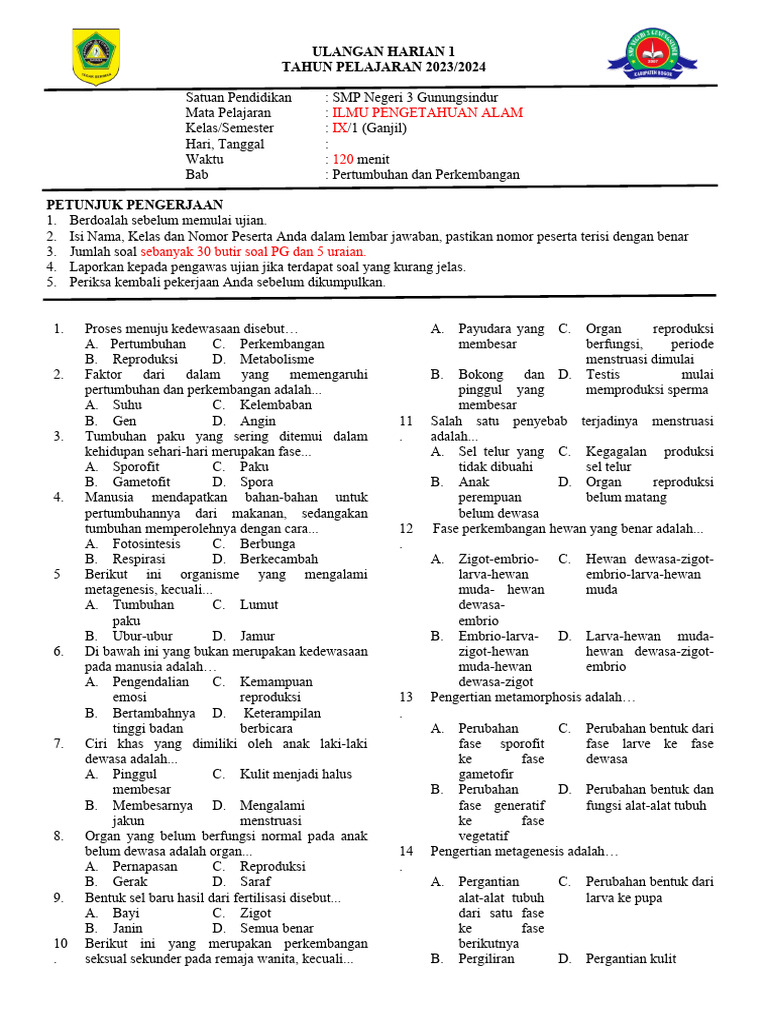 UH 1 KELAS 9 (Pertumbuhan Dan Perkembangan) | PDF