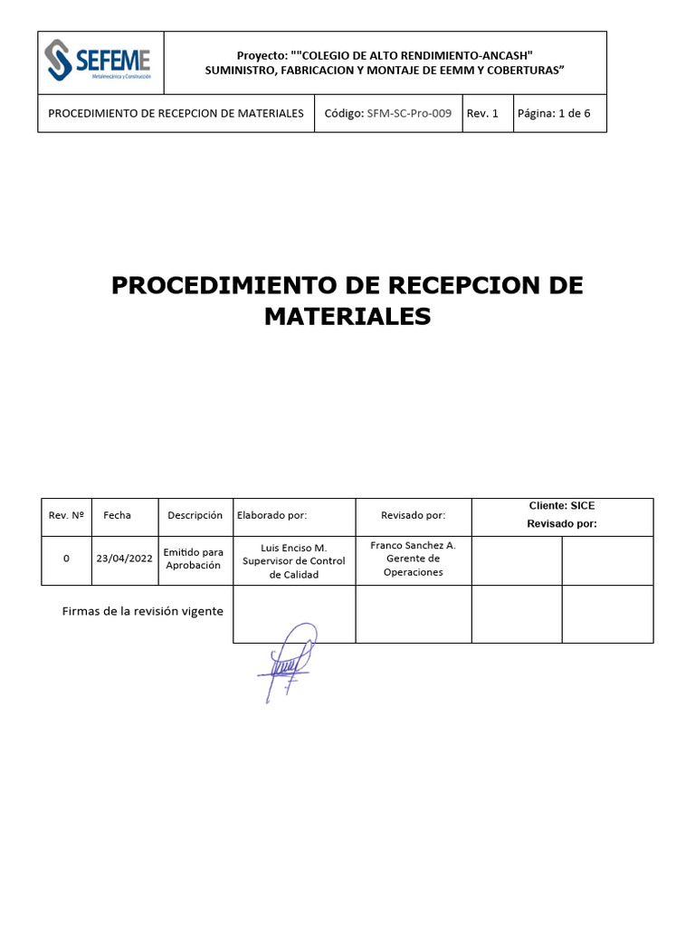 Procedimiento de Recepcion de Materiales | PDF | Logística | Sistema de manejo de calidad