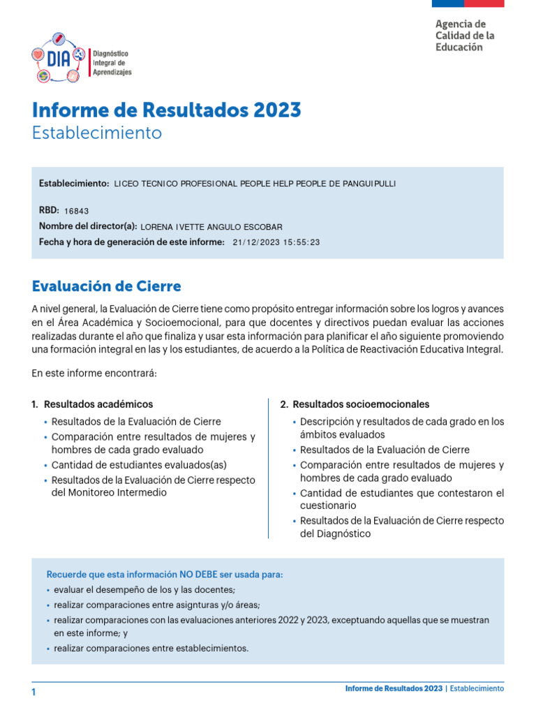 InformeEstablecimiento16843 Evaluacion Cierre 2023 | PDF | Evaluación | Aprendizaje