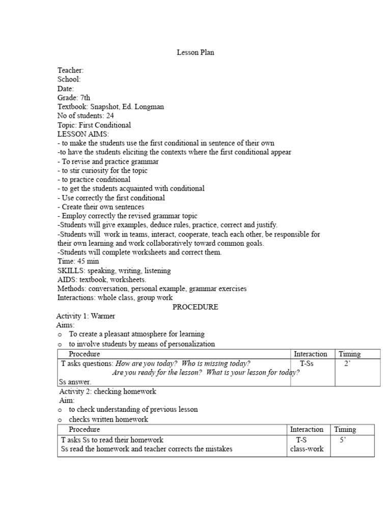 1st Conditional Lesson Plan PDF Free | PDF | Sentence (Linguistics ...