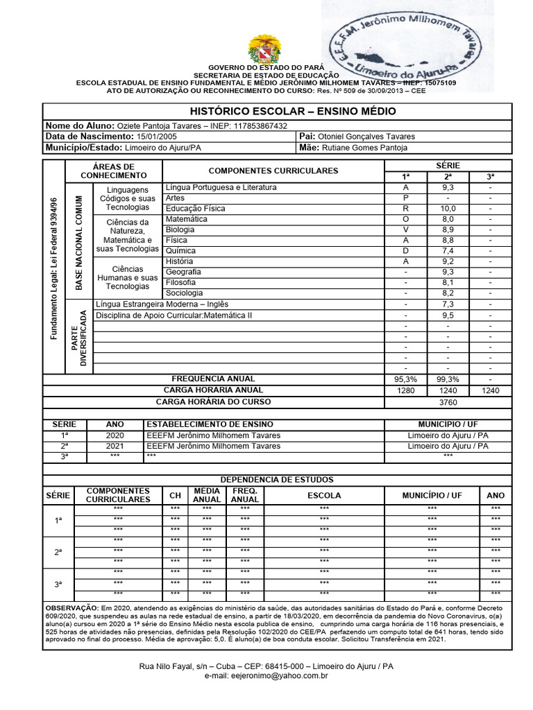 Histórico Escolar Do Ensino Médio - Oziete Pantoja Tavares ...