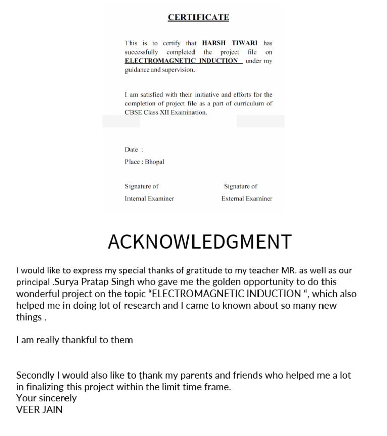 Electromagnetic Induction Project Acknowledgment | PDF | Career ...