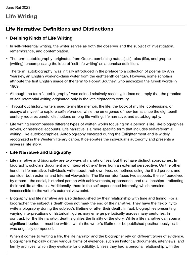 Life Writing | PDF | Narrative | Experience