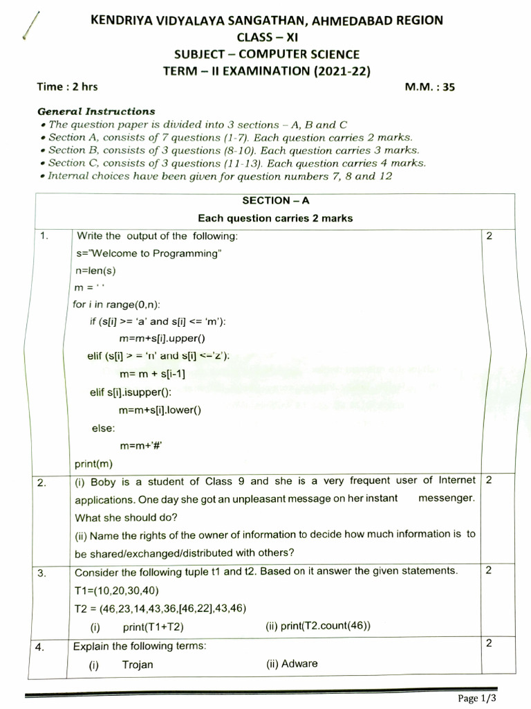 Class Xi Cs Term 2 Paperahemdabad | PDF | Computing