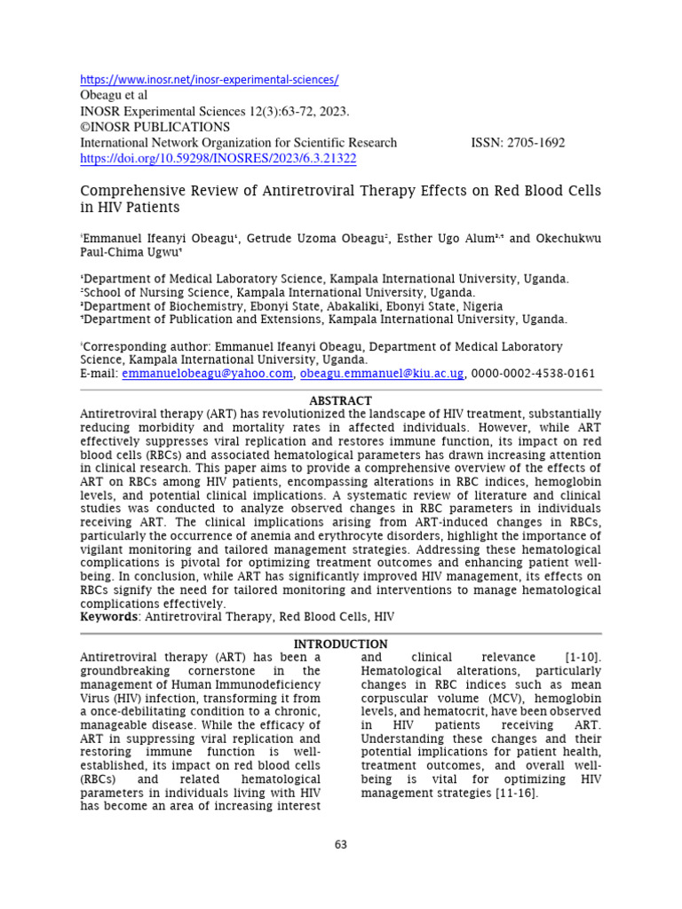 ART Effects on Red Blood Cells in HIV | PDF | Management Of Hiv/Aids ...