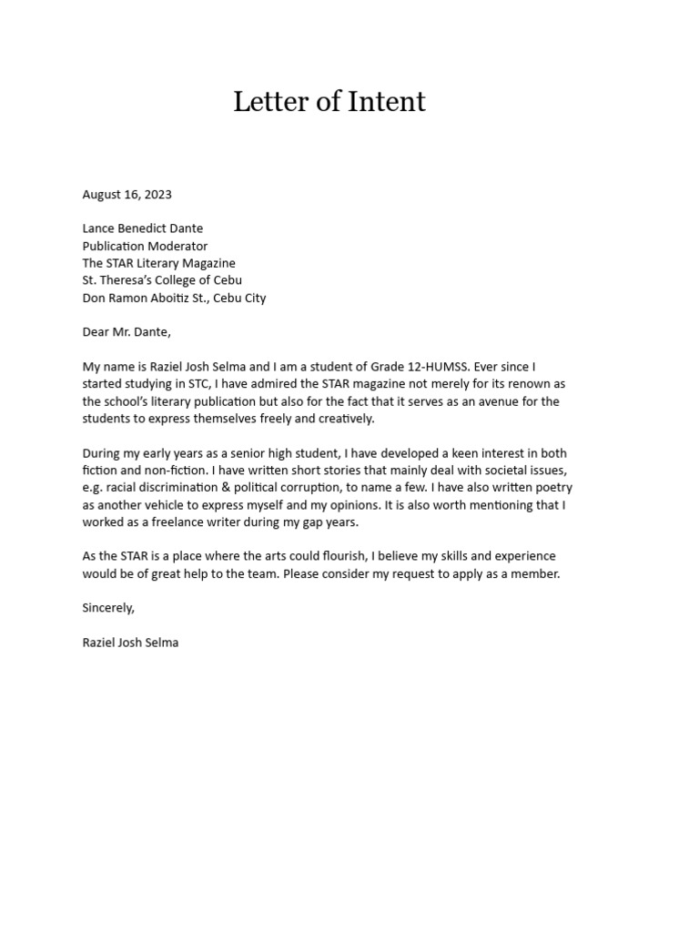 Letter of Intent Example | PDF | Poetry