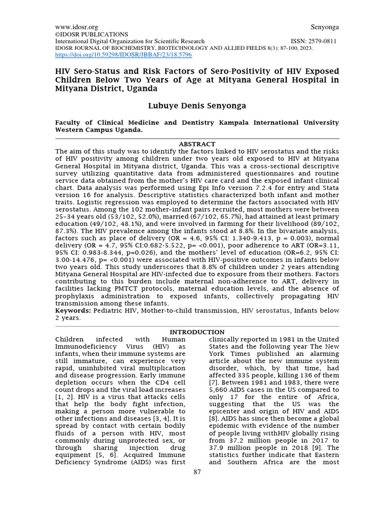 HIV Sero-Status and Risk Factors of Sero-Positivity of HIV Exposed ...