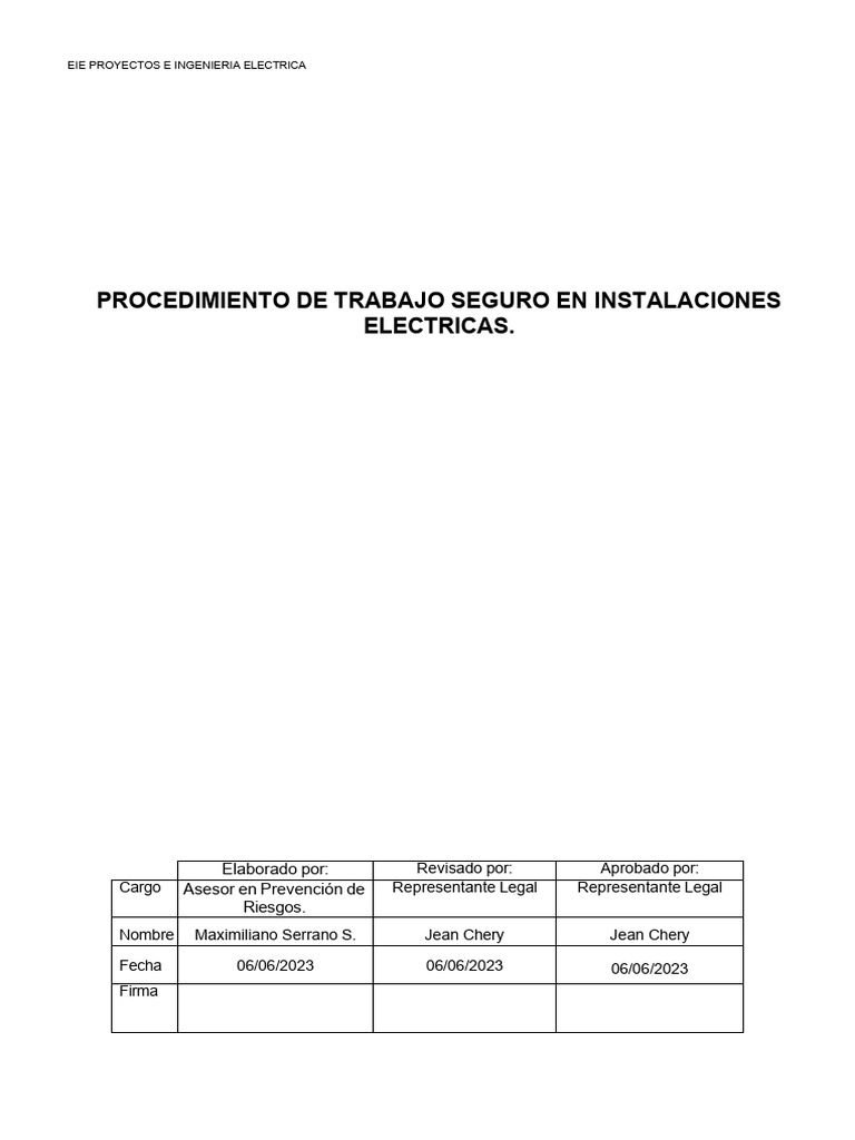 Procedimiento de Trabajo Seguro | PDF | Ingenieria Eléctrica | Enchufes y tomas de corriente alterna