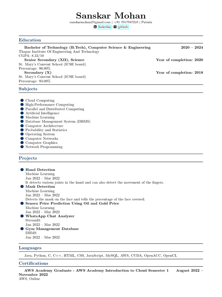 B.Tech Computer Science Resume of Sanskar Mohan | PDF | Computers