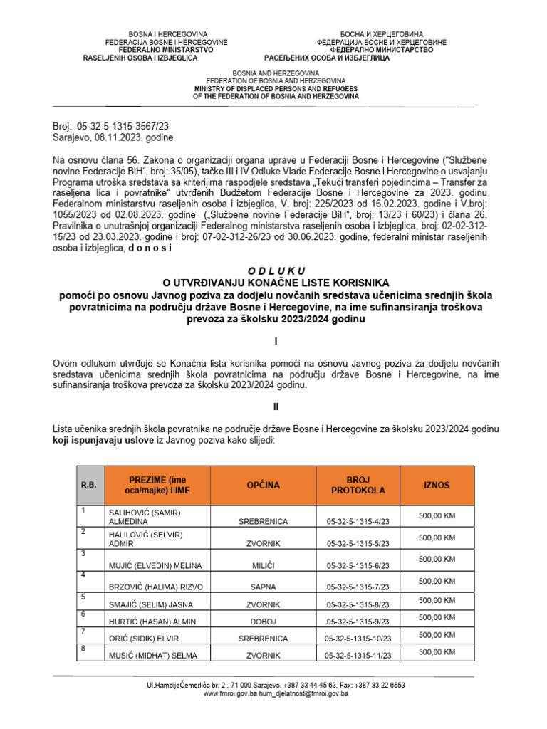Konacna Rang Lista Prevoz Srednjoskolci 2023 2024 Web | PDF