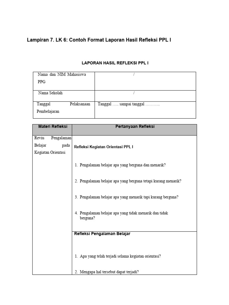 Lampiran 7. LK 6 Contoh Format Laporan Hasil Refleksi PPL I | PDF