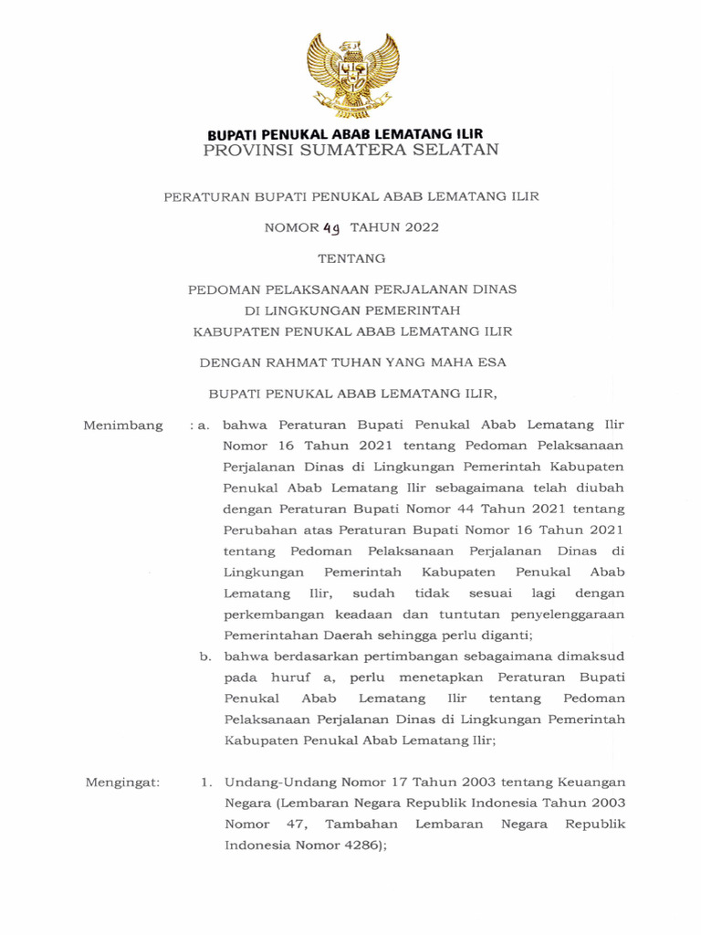 Perbup Nomor 49 Tahun 2022. Pedoman Pelaksanaan Perjalanan Dinas Di Lingkungan Pemerintah Kab ...